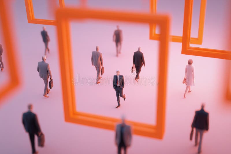 Business Professionals Navigating a Surreal Landscape of Orange Frames ...