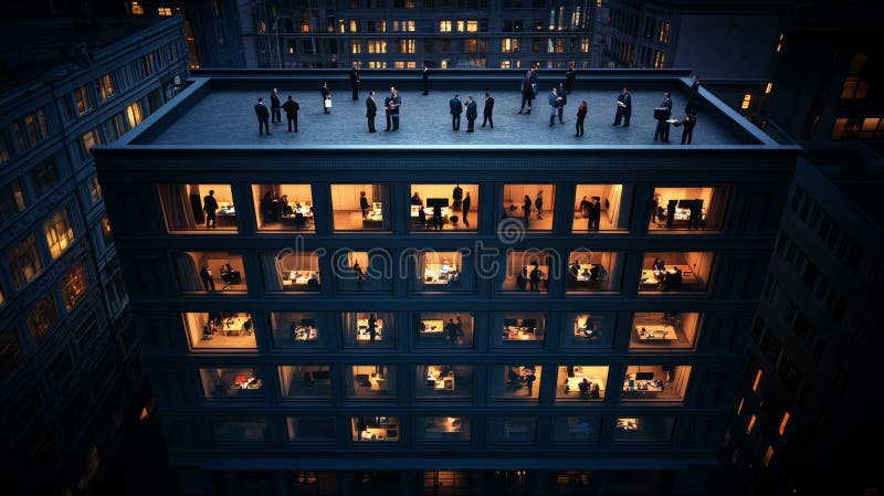 Business Professionals Networking on Rooftop at Night in Urban Office ...