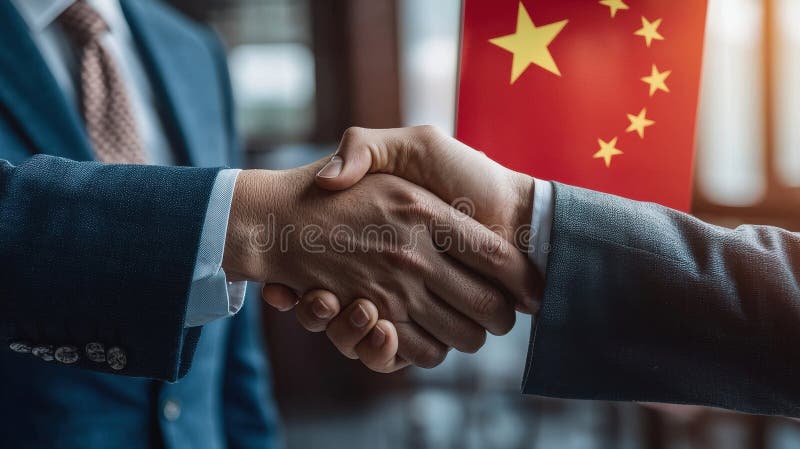 Business Professionals Shaking Hands with a Background Flag Symbol ...