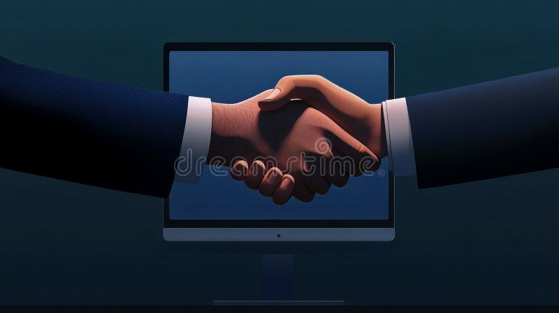 Business Professionals Shaking Hands through a Computer Screen ...