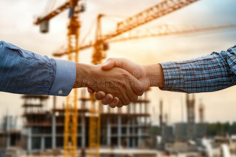 Business Professionals Shaking Hands at Construction Site with Cranes ...