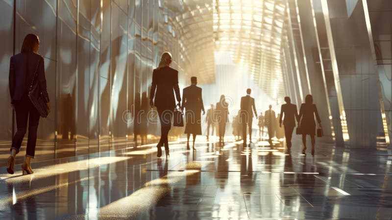 Business Professionals Walking Inside a Modern Glass Building with ...