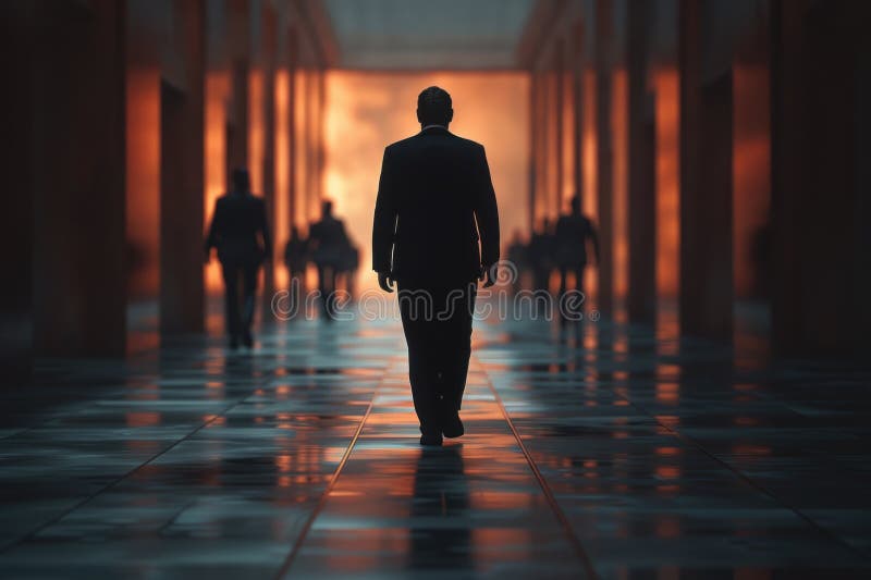 Business Professionals Walking through a Modern Corridor with Dramatic ...
