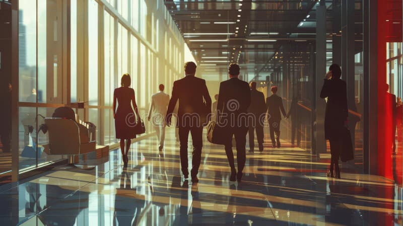 Business Professionals Walking through a Modern, Sunlit Office Corridor ...