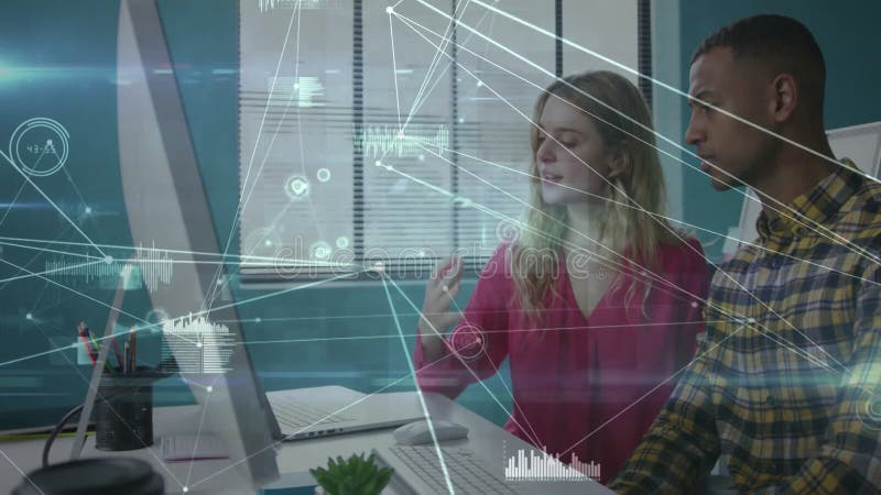 Business Professionals Working at Desk with Data Analytics Animation Overlay Stock Video - Video ...