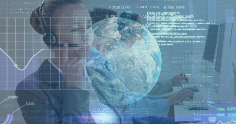 Business Professionals Working with Digital Data and Earth Animation ...