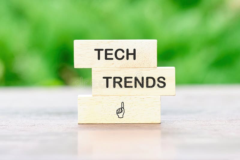 Business, Programming, Interface, Application and Network Concept. Text TECH TRENDS on Wooden ...