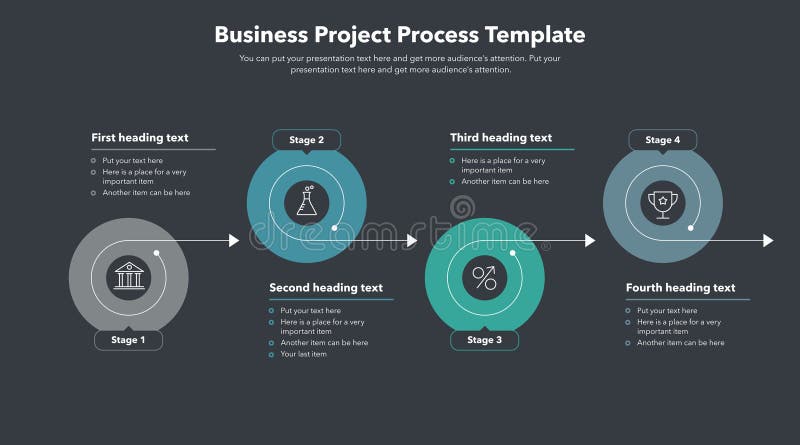 Business Project Progress Template with Four Stages - Dark Version ...