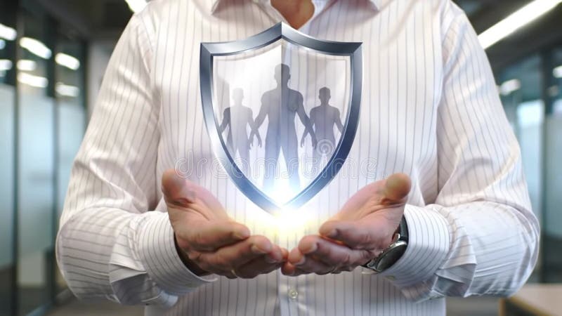 Business Protection Concept: Hands Holding Digital Shield Guarding Team ...