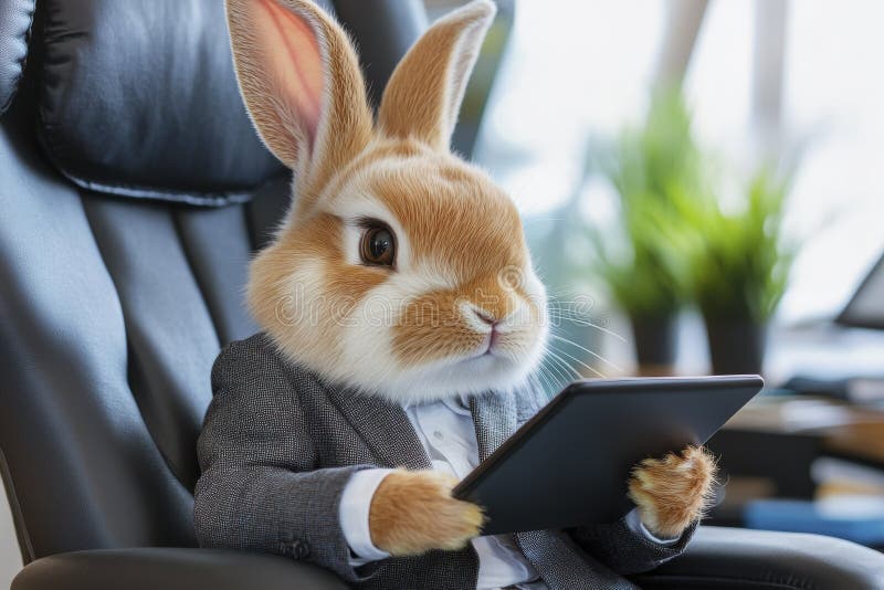 Business Rabbit in a Suit Holding a Tablet in an Office Environment ...