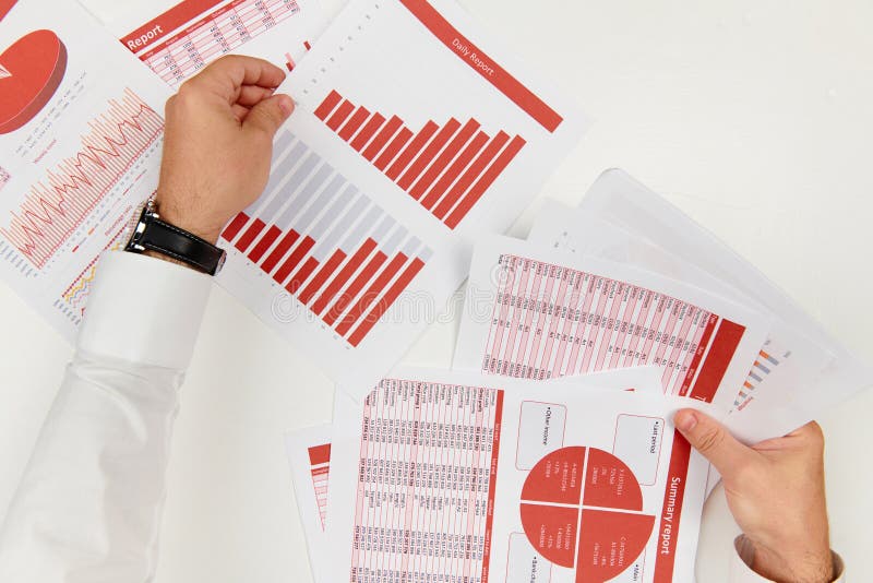 Business Reports, Data Tables and Charts - Directly Above View of ...