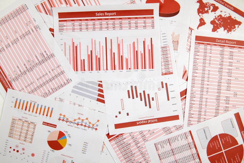 Business Reports, Data Tables and Charts - Directly Above View of ...