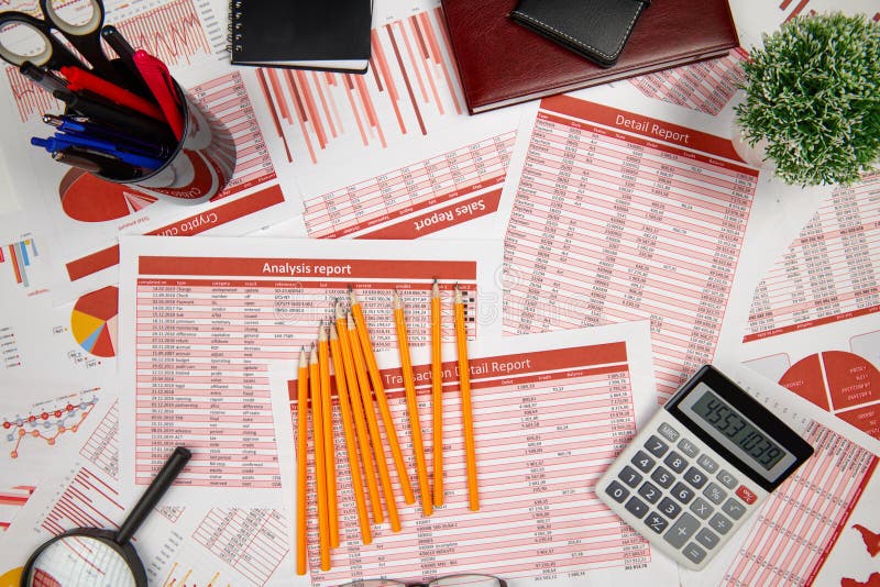 Business Reports, Data Tables and Charts - Directly Above View of ...