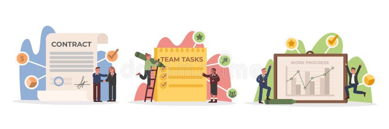 Business Set of Successful Contract Signing, Teamwork and Work Progress ...