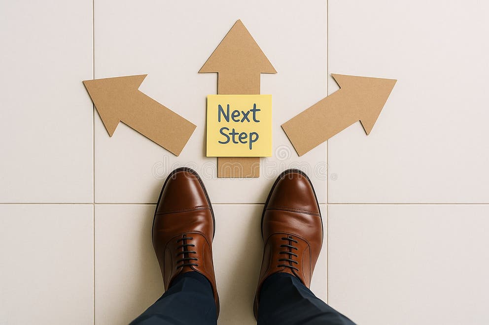 Business Shoes Standing in Front of Arrows Pointing in Multiple Directions with a Note Reading ...