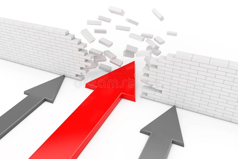 Business Solution Concept. Red Arrow Breaking Break Wall. 3d Rendering ...