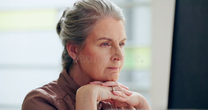 Business, Solution and Woman with Thinking by Computer for Risk ...