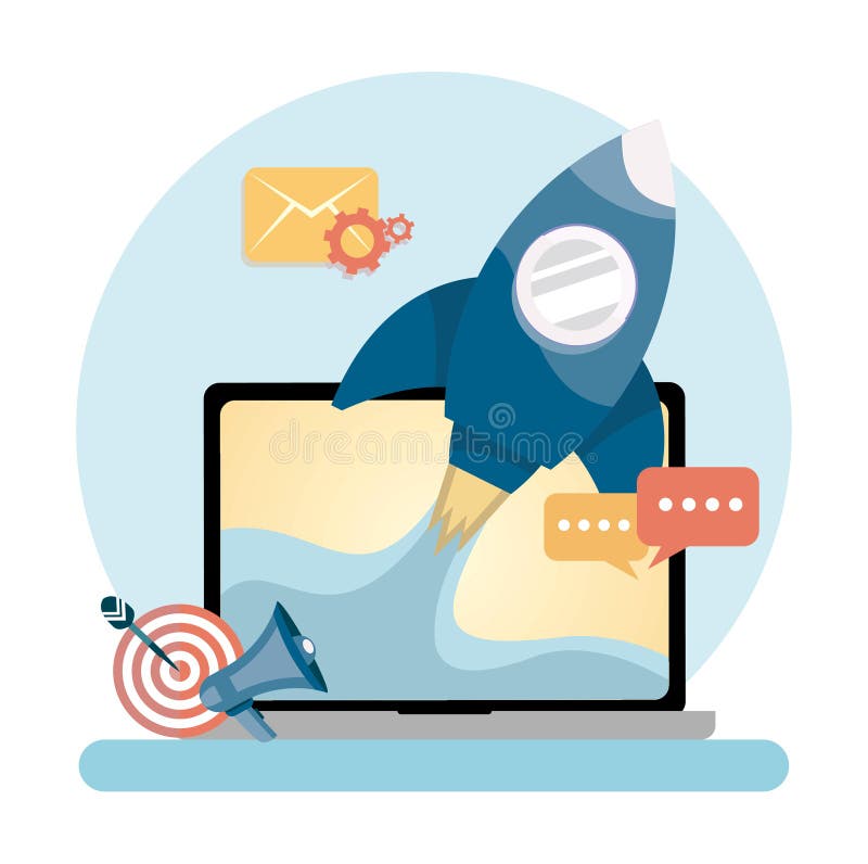 Business Start Up with Starting Rocket in Laptop Screen. Stock Vector - Illustration of company ...