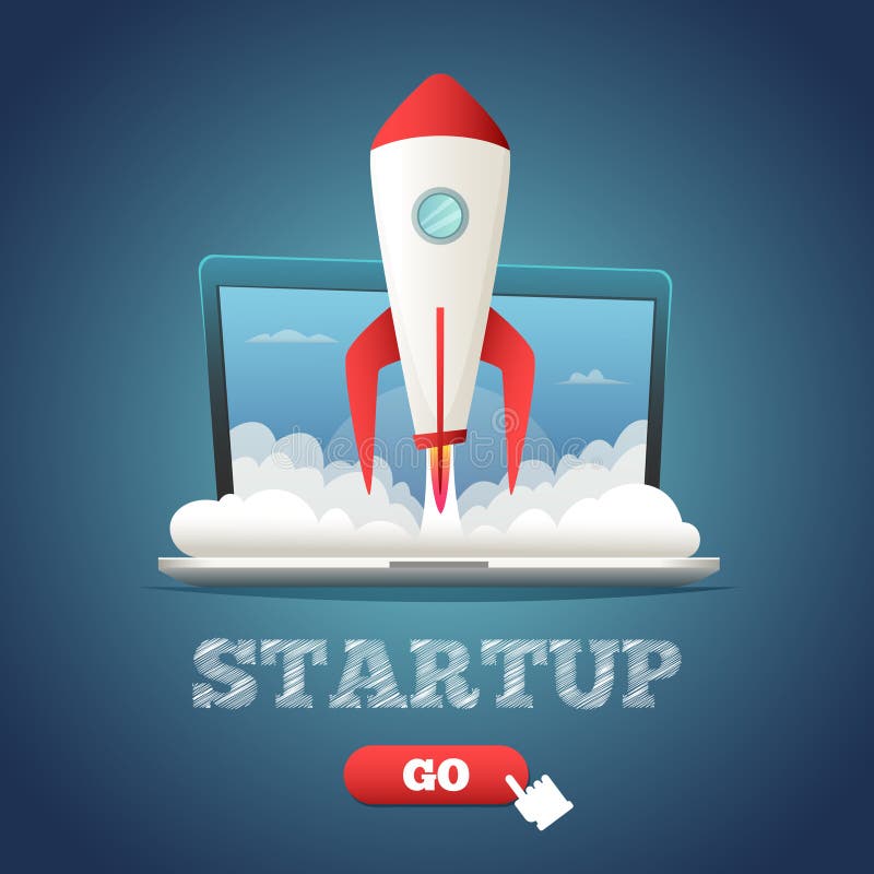 Business Startup Concept. Cartoon Flat Rocket Flying Out from Laptop ...