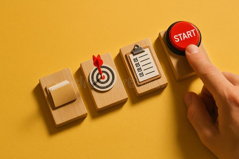 Business Startup Concept with a Checklist, Target and Red Start Button ...