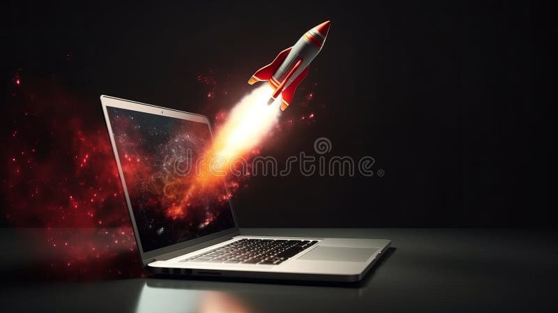 Business Startup Concept Rocket Flies from Laptop Screen. Generative AI ...