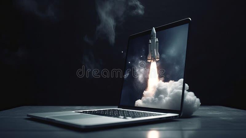 Business Startup Concept Rocket Flies from Laptop Screen. Generative AI ...