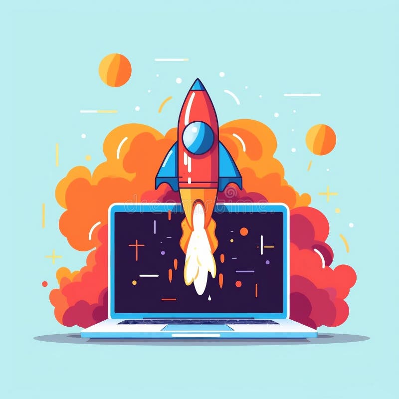Business Startup Concept: Rocket Launch on Laptop with Flying Rocket ...