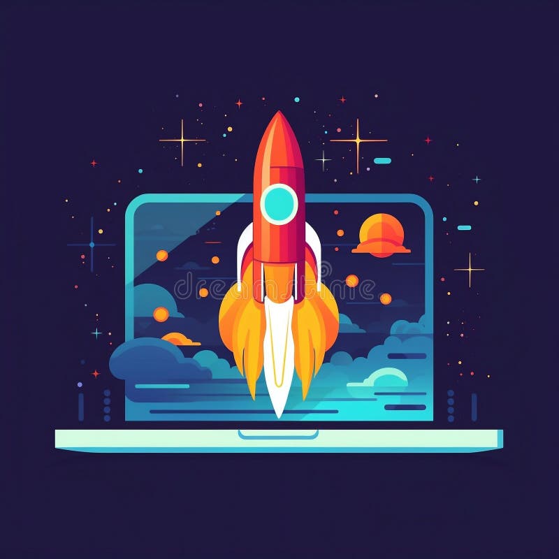 Business Startup Concept: Rocket Launch on Laptop with Flying Rocket ...