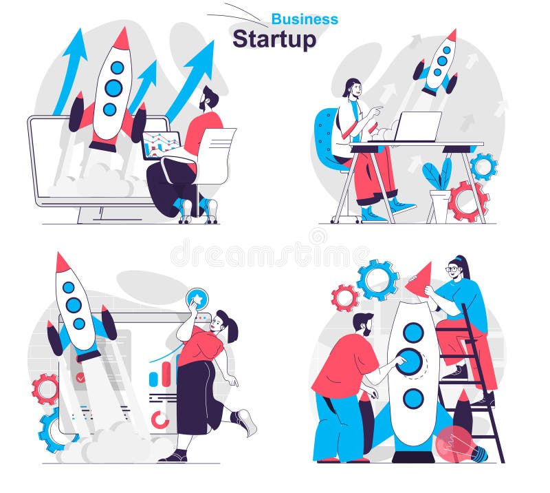 Business Startup Concept Set. Successful Launch New Project, Company ...