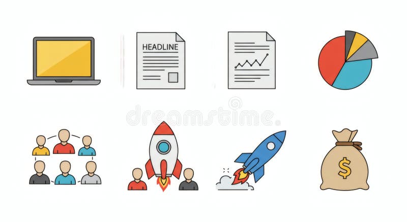 Business Startup Elements with Teamwork Laptop and Rocket Launch Icons ...