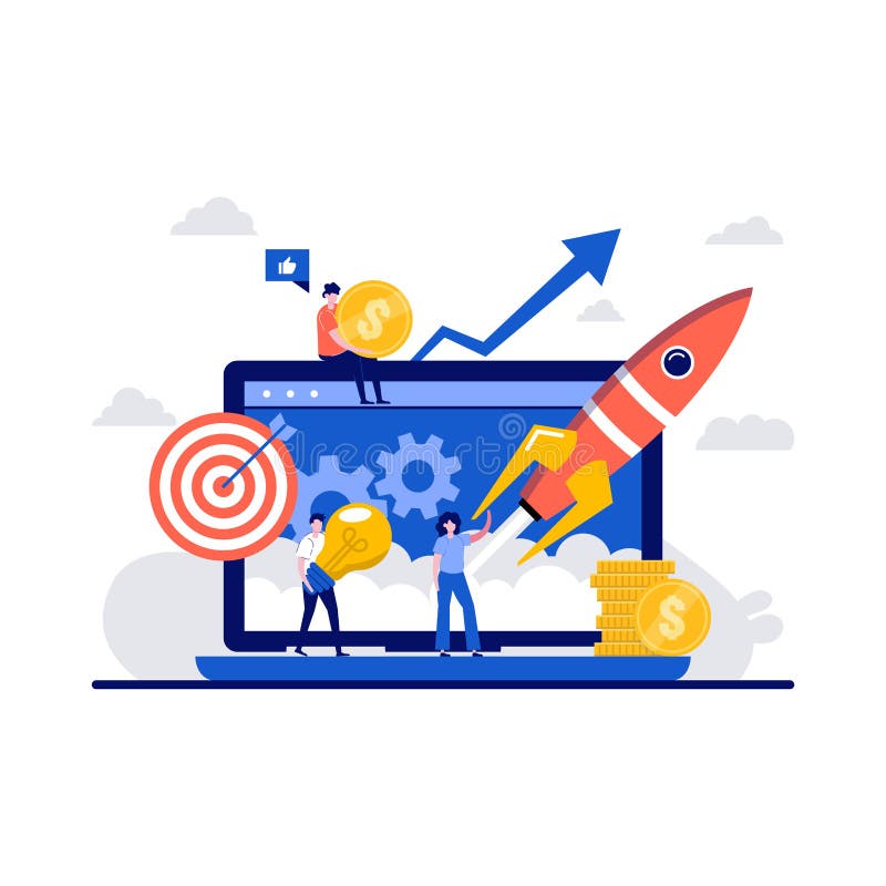 Business Startup, Success Teamwork on Launch Rocket Concept with Tiny Character. People Team ...