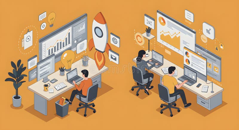 Business Startup Team Working Together on Data Analysis and Digital ...