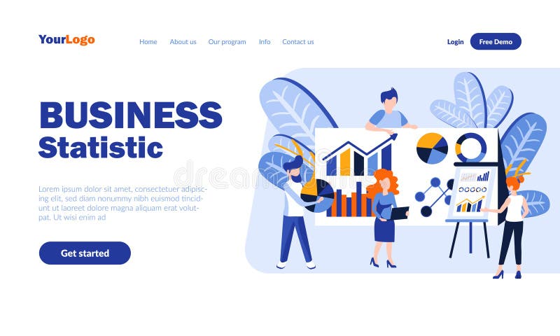 Business Statistics Flat Landing Page Template with Header. Financial ...