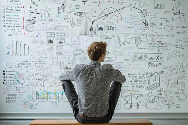 Business Strategist Analyzing Complex Data and Graphs on Whiteboard ...