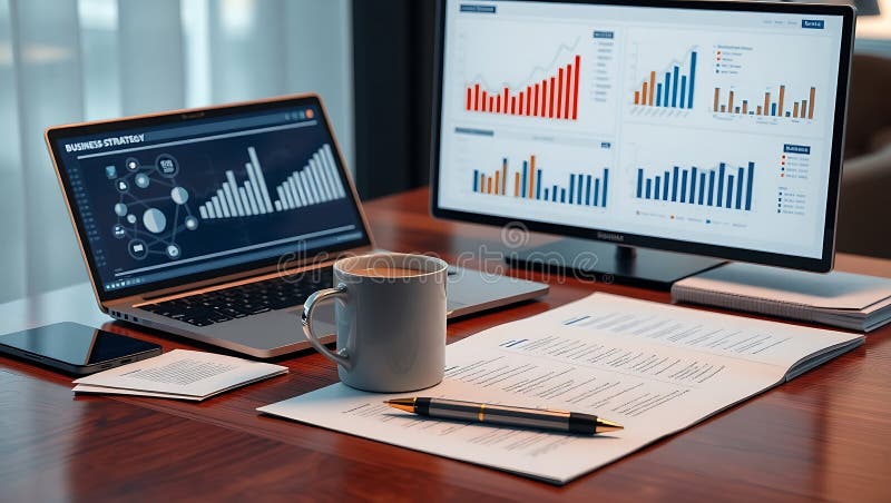 Business Strategy Analysis: Desk Setup with Laptops, Charts, and ...