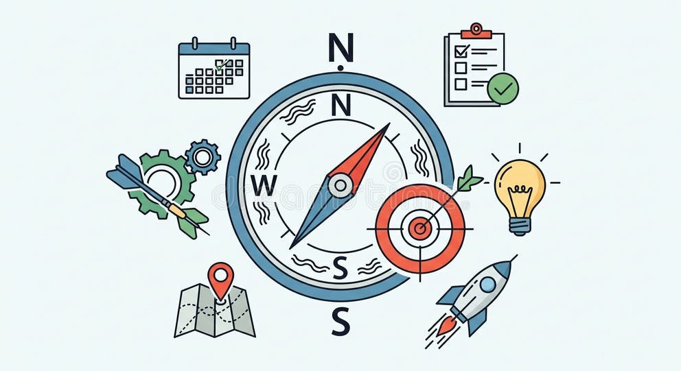 Business Strategy Compass with Icons Representing Goals, Ideas, Planning, and Launch Stock ...
