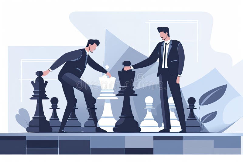 Business Strategy Concept. Two Characters Moving Chess Pieces Stock ...