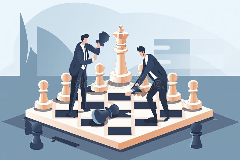 Business Strategy Concept. Two Characters Moving Chess Pieces Stock ...