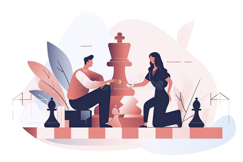 Business Strategy Concept. Two Characters Moving Chess Pieces Stock ...