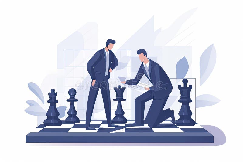 Business Strategy Concept. Two Characters Moving Chess Pieces Stock ...