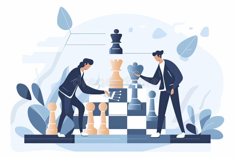 Business Strategy Concept. Two Characters Moving Chess Pieces Stock ...