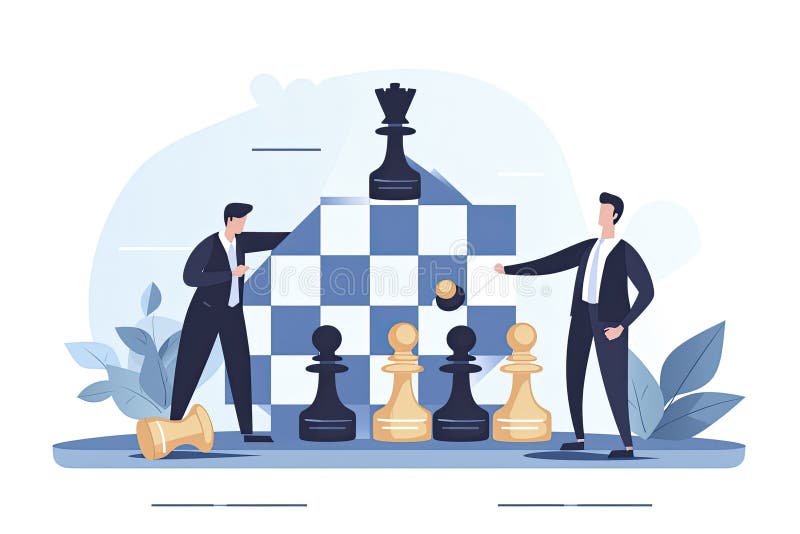 Business Strategy Concept. Two Characters Moving Chess Pieces Stock ...