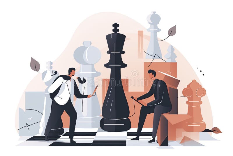 Business Strategy Concept. Two Characters Moving Chess Pieces Stock ...