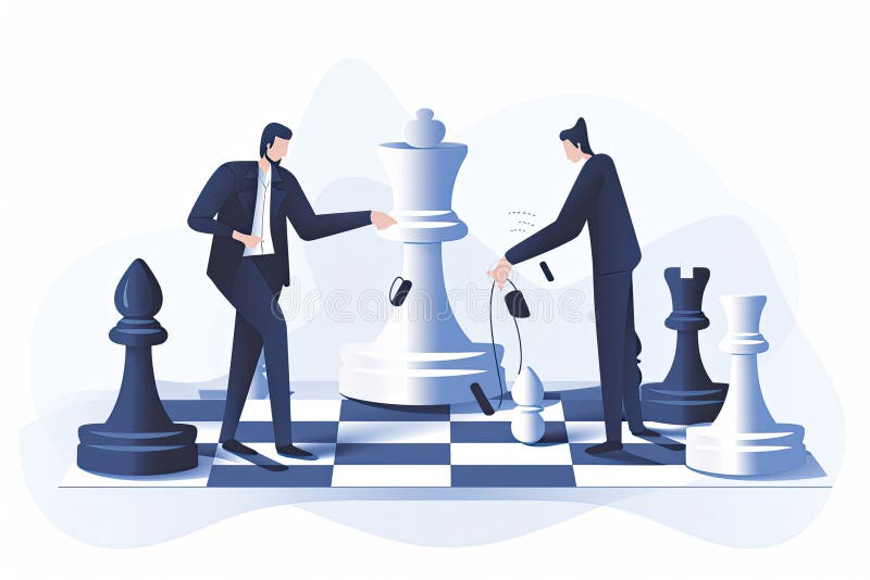 Business Strategy Concept. Two Characters Moving Chess Pieces Stock ...