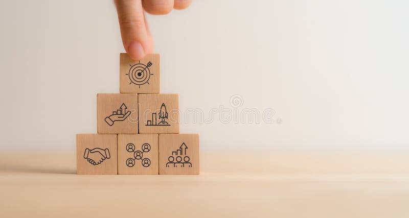 Business Strategy Concept. Wooden Blocks with Icons Representing ...