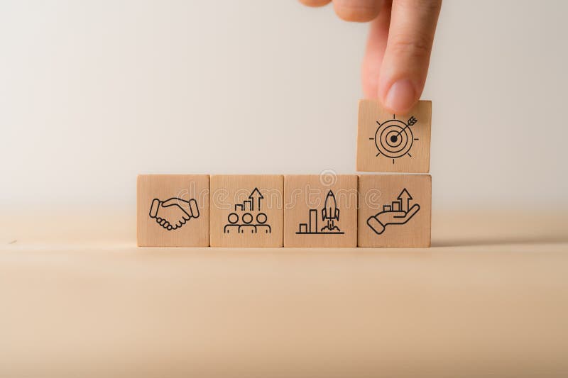 Business Strategy Concept. Wooden Blocks with Icons Representing ...