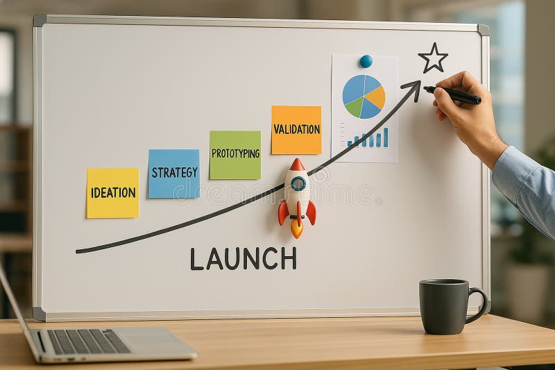 Business Strategy Whiteboard with Sticky Notes Showing Startup Process ...