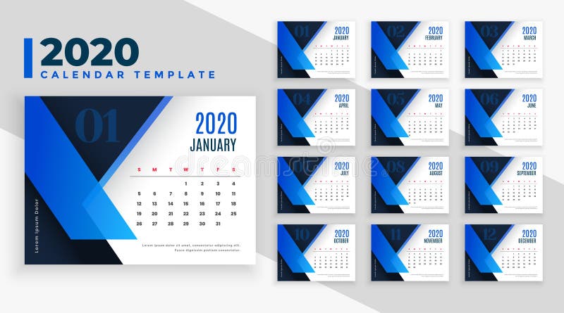 2020 Business Style Calendar Template Design in Blue Theme Stock Vector ...