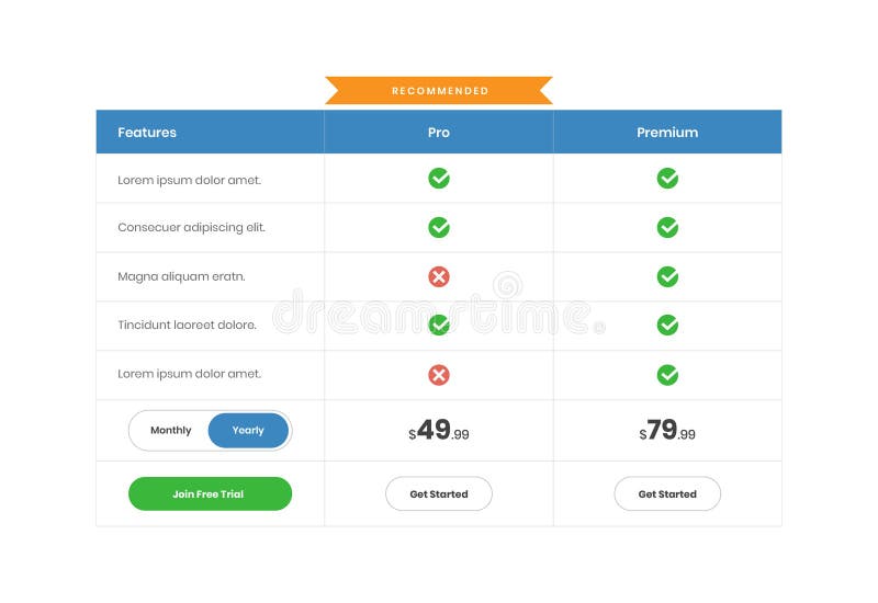 Business Subscription Plan Comparison Pricing Table Ui Design Stock ...