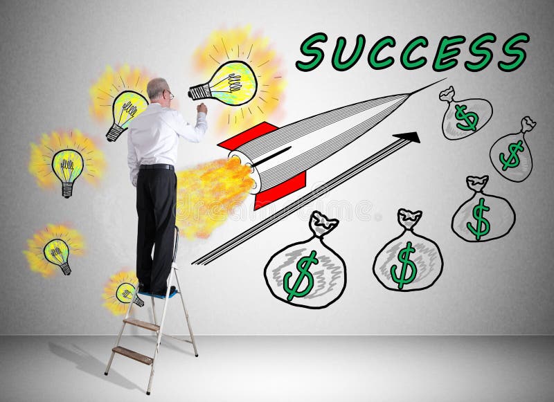 Business Success Concept Drawn by a Man on a Ladder Stock Illustration ...